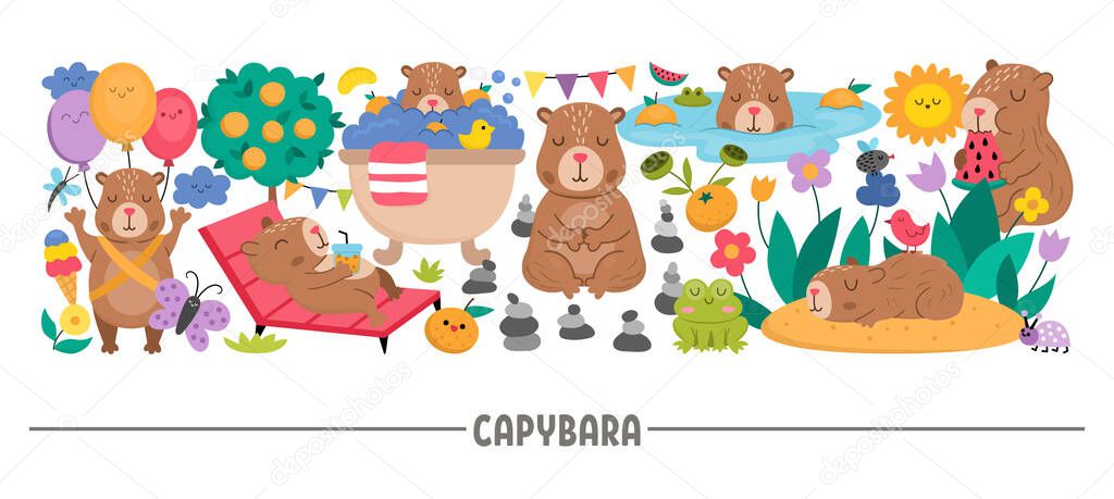 Vector horizontal capybara border set with cute animals. Capibara card ...