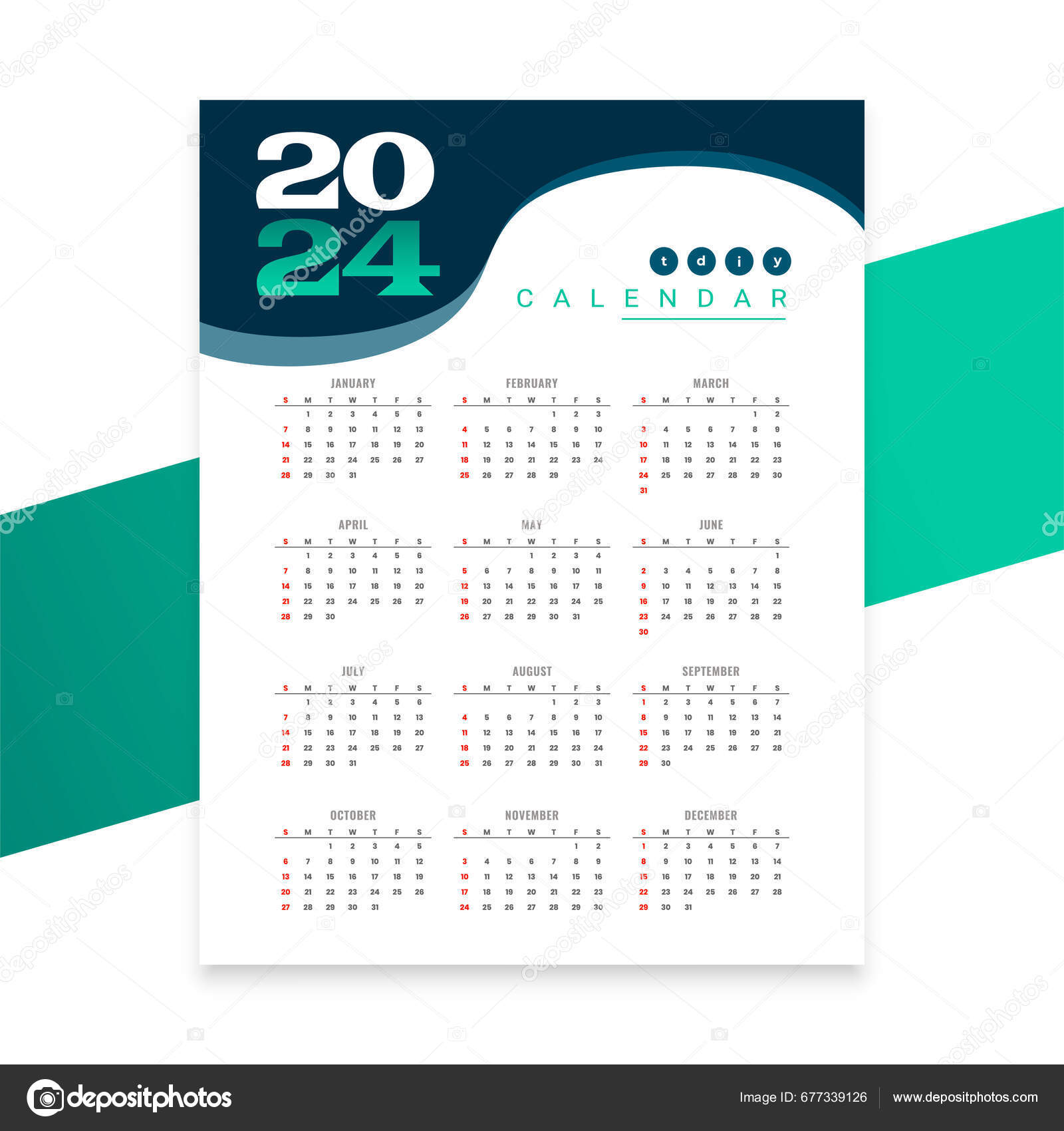 Kurvig Stil 2024 Årlig Engelsk Kalender Layout Med Professionell Touch ...