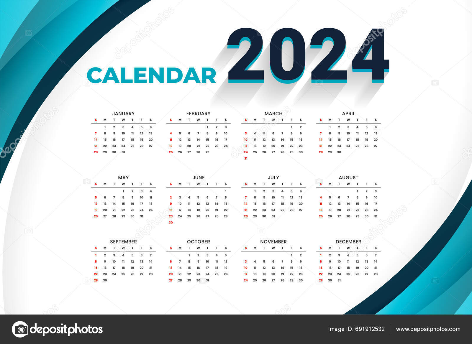 Modern 2024 English Calendar Template Schedule Annual Task Vector Stock ...