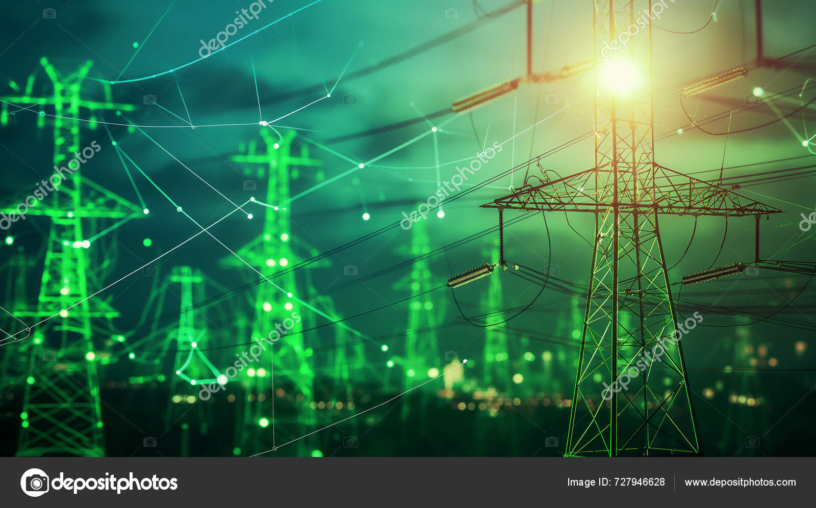 Network Green Lit Power Lines Towers Connected Digital Nodes ...
