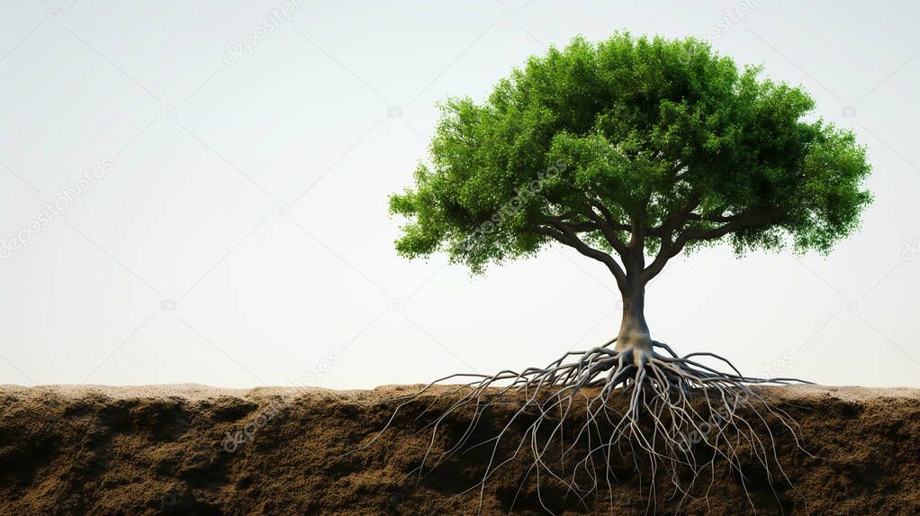 Un árbol sano con un frondoso dosel y raíces profundas y extensas que ...