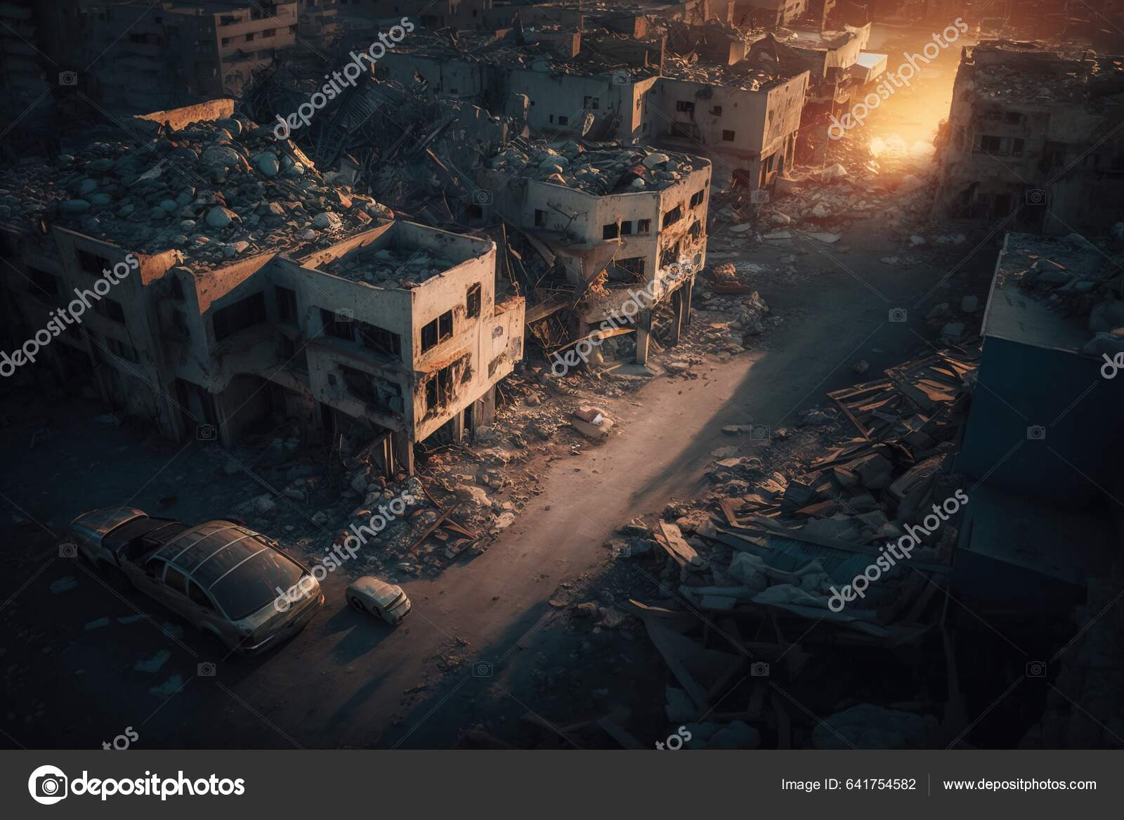 Destroyed Building Car Parked Front Fire Background Post Apocalyptic ...