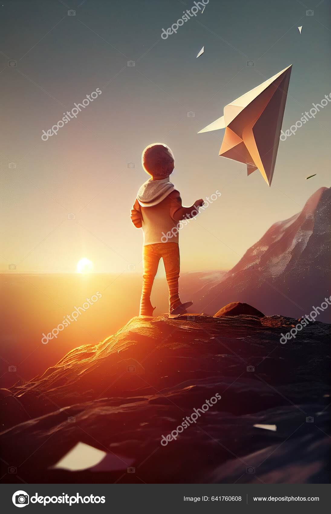 Little Boy Standing Rock Paper Airplane Sky Him Affinity Photo Stock ...