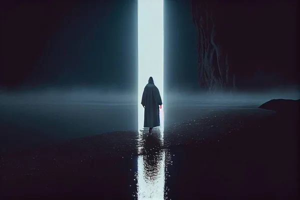 Person Standing Doorway Light Coming Dark Room Dim Volumetric Lighting ...