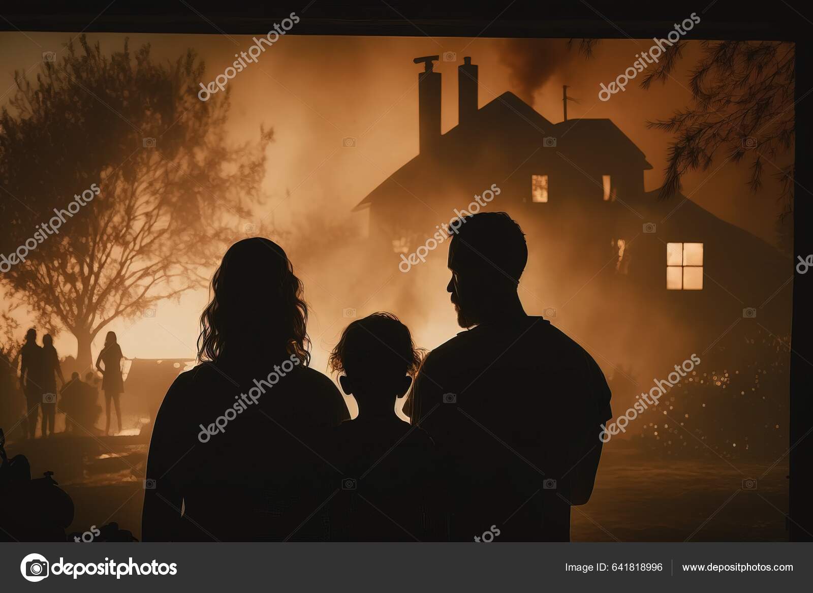 Family Standing Front House Fire Background Night Cinematography ...