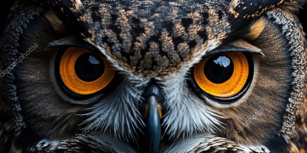 Un primer plano de un búho con ojos amarillos y un fondo negro con una ...