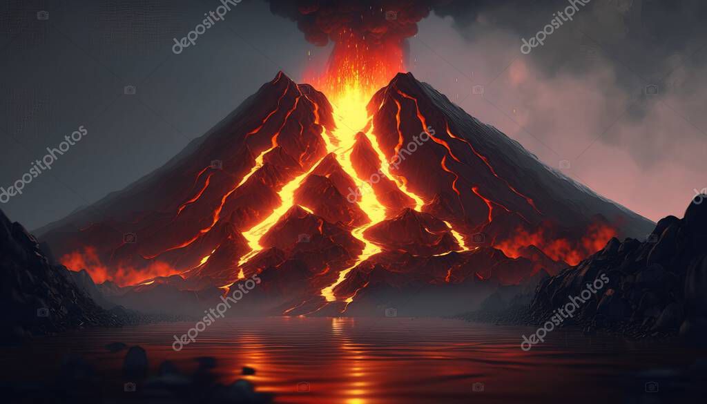 Un volcán con lava y lava saliendo de sus lados y un lago debajo de ...