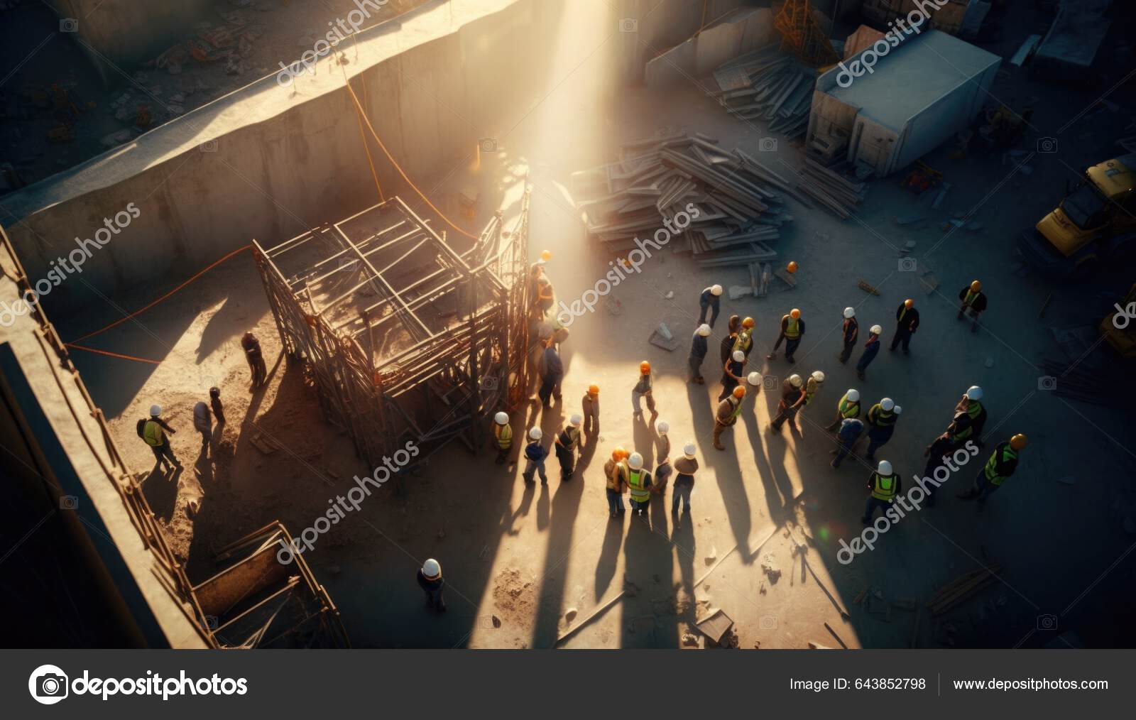 Group People Standing Construction Site Beam Light Shining Them ...