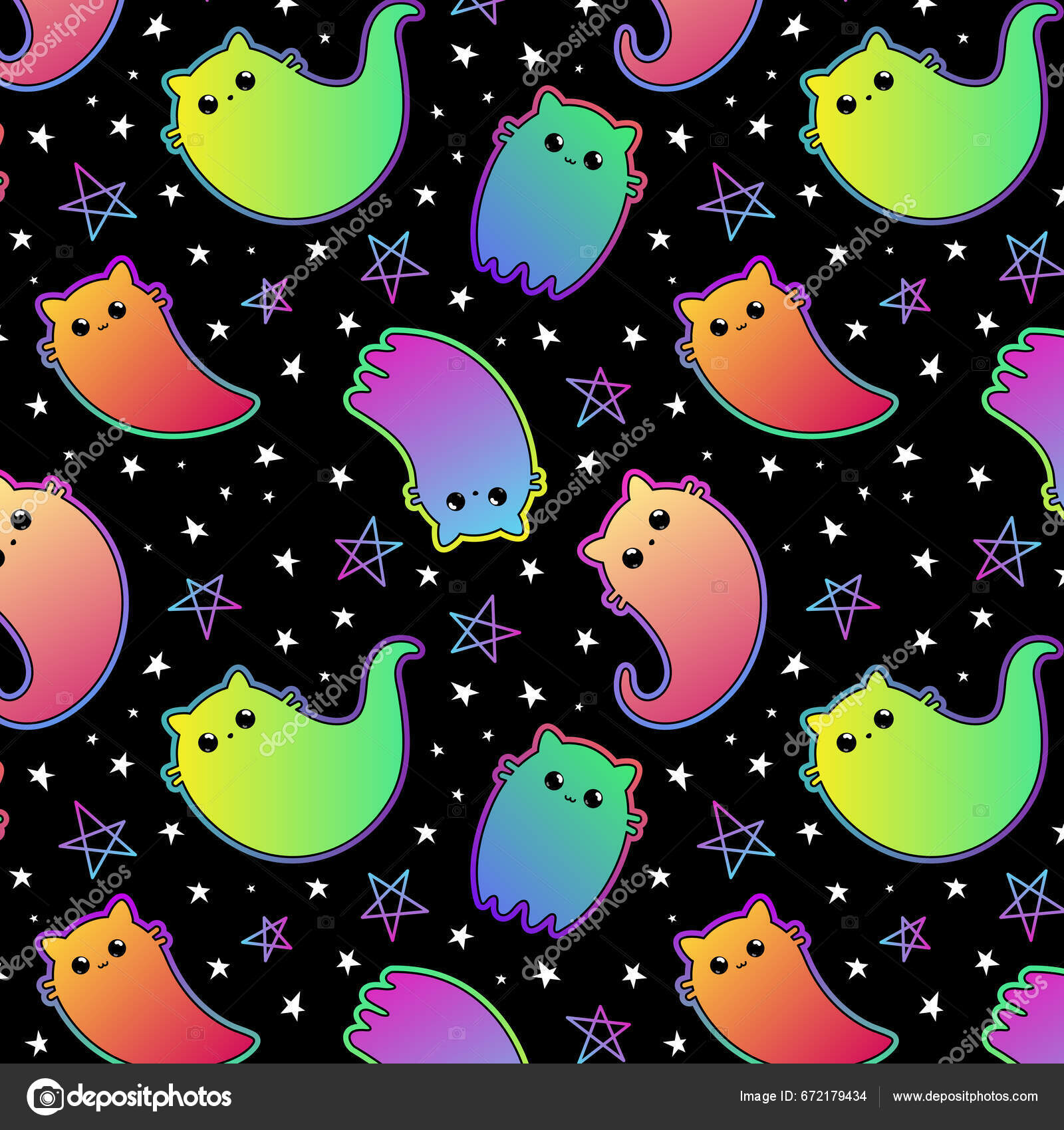 Halloween Seamless Pattern Vector Illustration Cute Ghost Cats Black ...