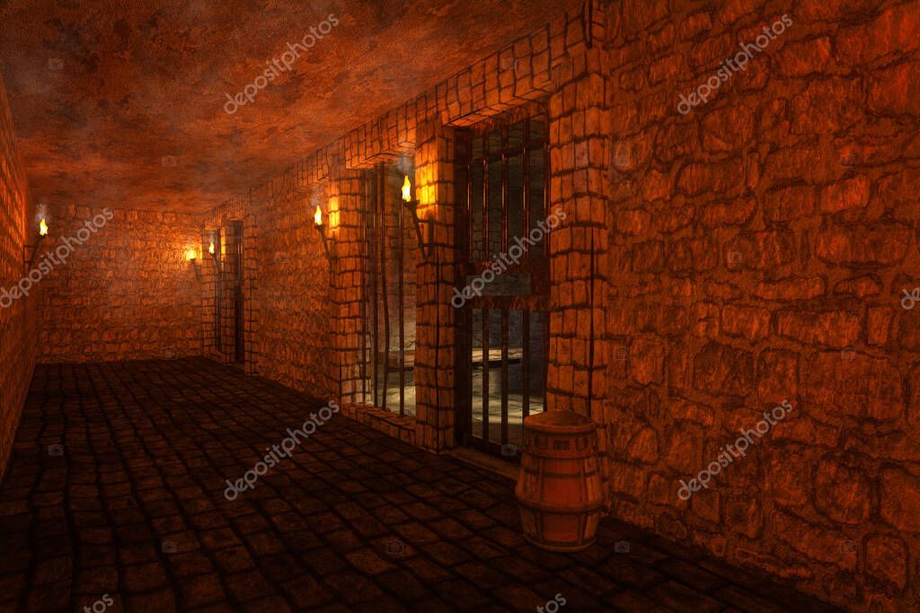 Pasillo medieval de calabozo iluminado por antorchas de fuego con ...