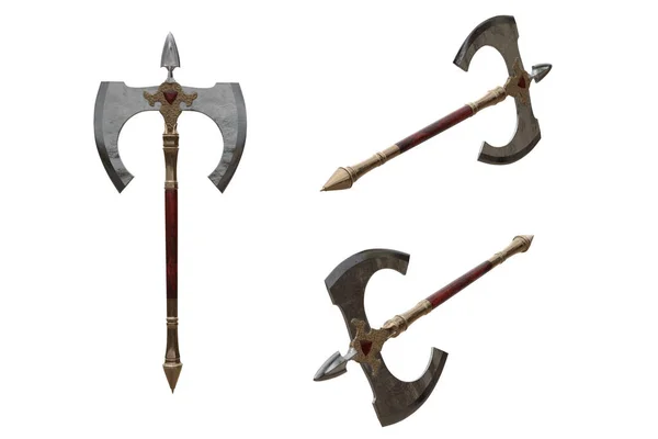 Double headed medieval battle axe. Isolated 3d rendering with 3 angles ...
