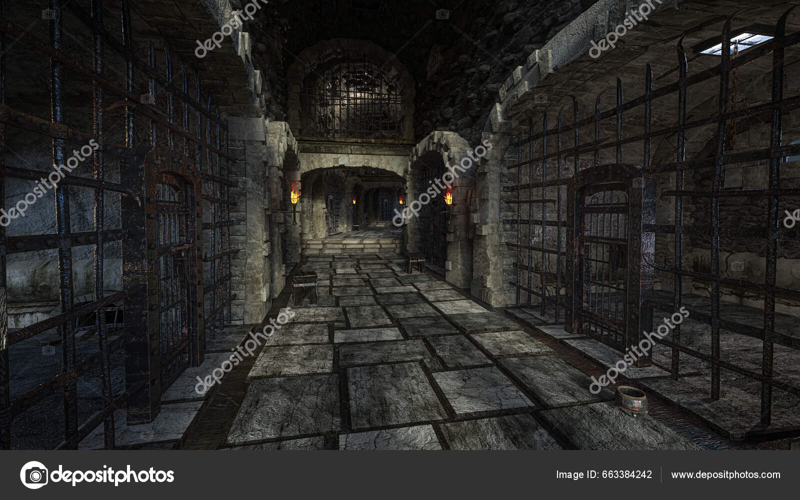 Mittelalterlicher Burgtunnel Mit Kerker Zellen Die Von Fackeln Erleuchtet Werden – Stockfoto ...