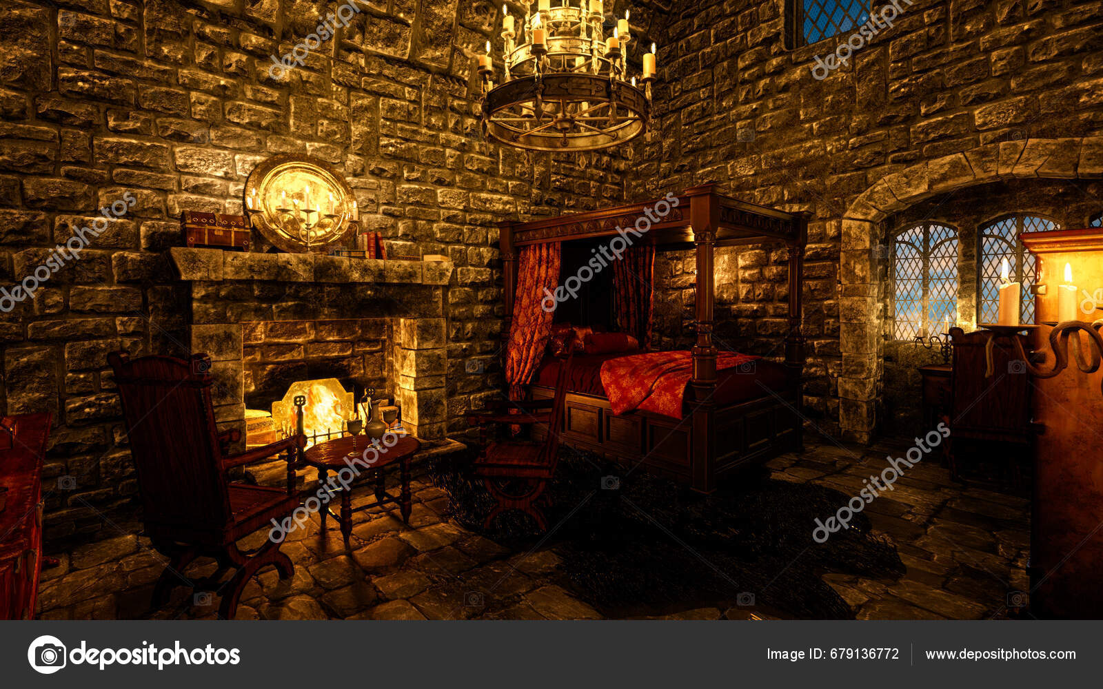 Fantasy Medieval Castle Bedroom Open Fireplace Four Poster Bed ...