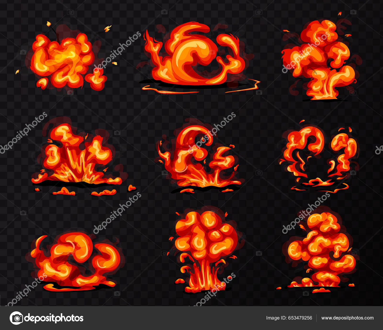 Ledakan Api Animasi Sprite Vector Set Kartun Magic Hit Effect Vektor ...