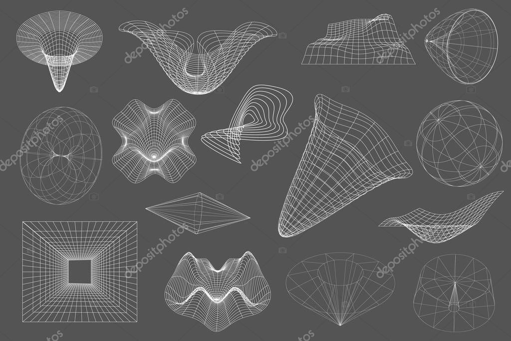 Colecci n de elementos de dise o de geometr a y2k futurista retro. 3d formas, wireframe ...