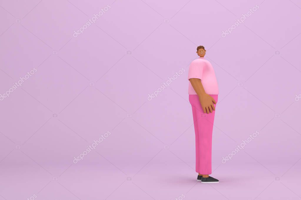El hombre negro con ropa rosa. Él es la expresión del cuerpo y la mano ...