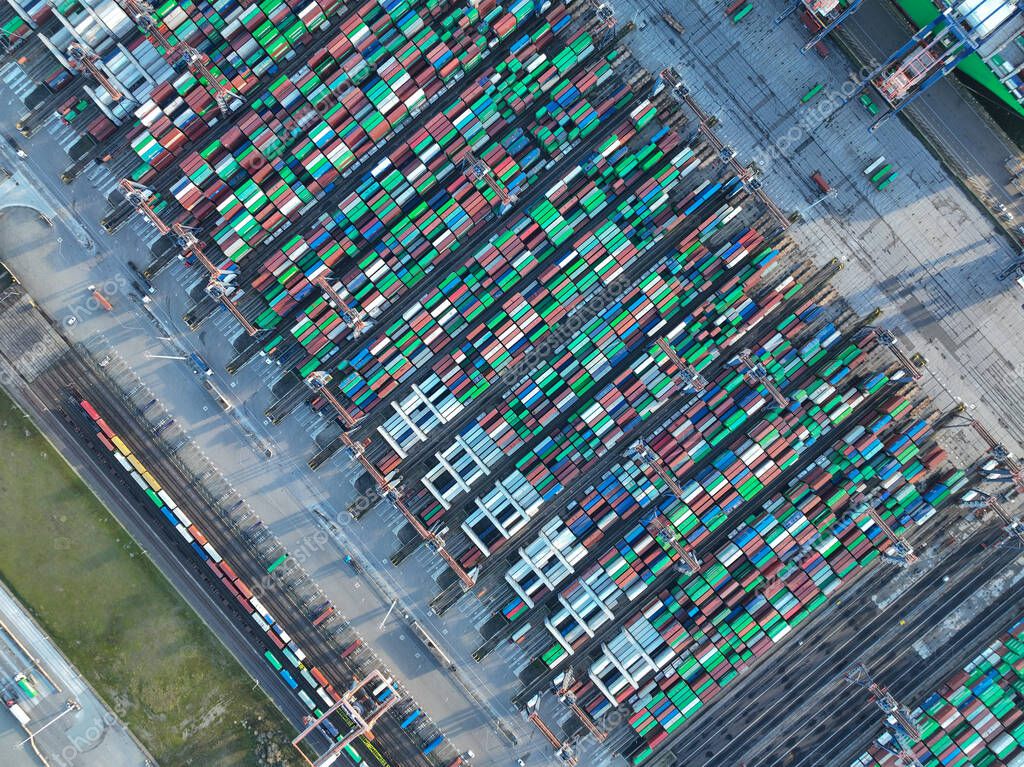 Aerial drone video of a top-down view of a container terminal ...