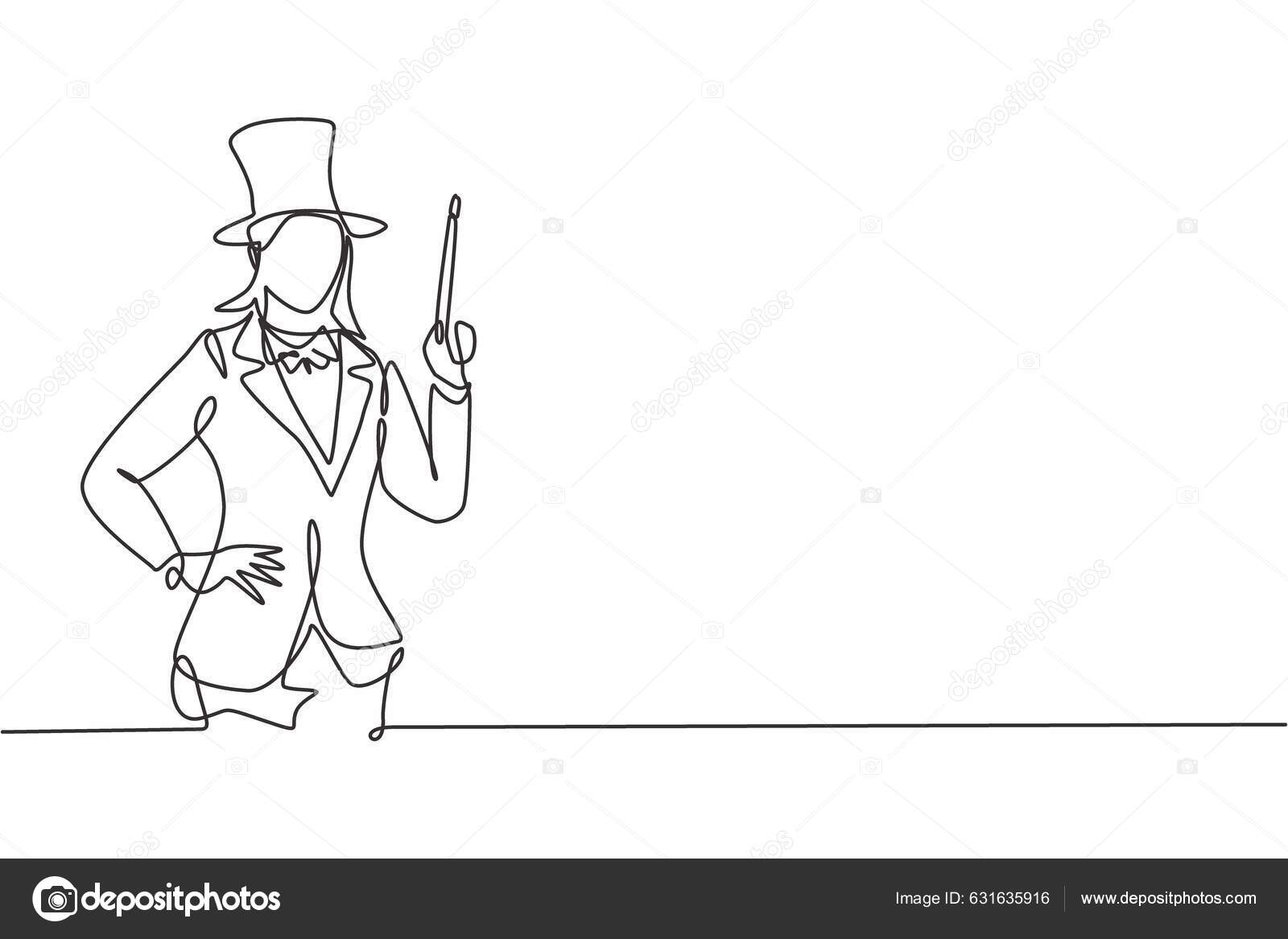 Single Continuous Line Drawing Young Female Magician Holding Magic Wand ...