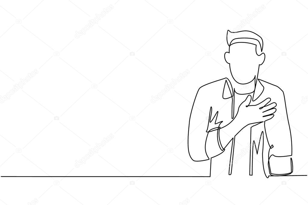 Una sola línea dibujando a un joven manteniendo las manos en el pecho ...