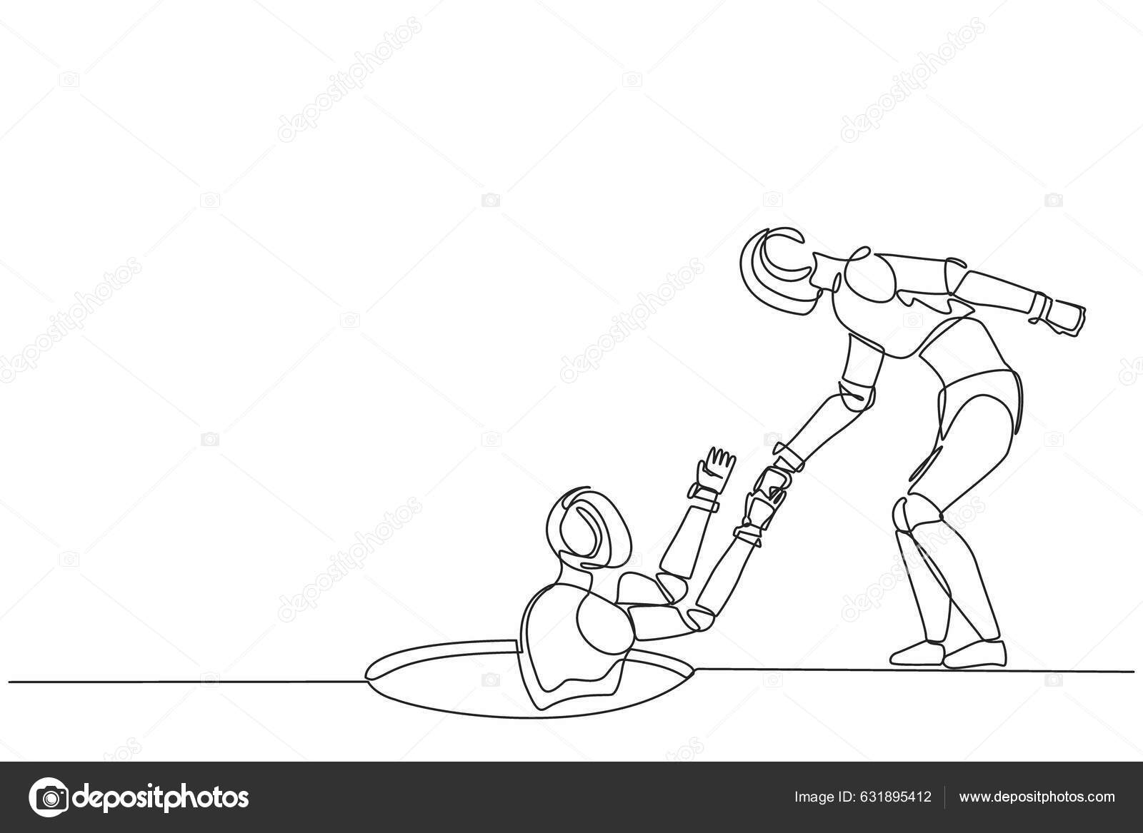 Continuous One Line Drawing Robot Helping His Friend Take Him Stock ...