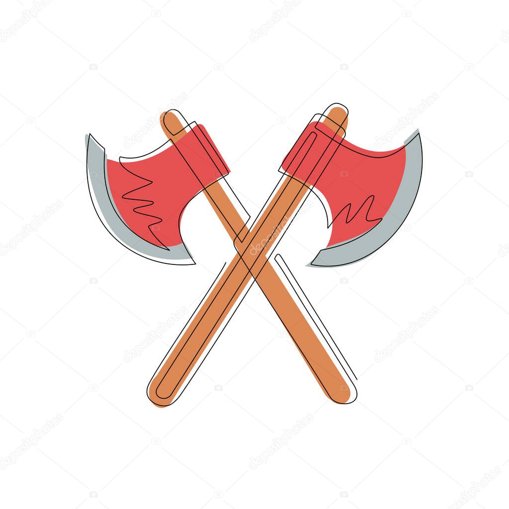 Una sola línea dibujar hachas de leñador cruzado icono. Ejes cruzados ...
