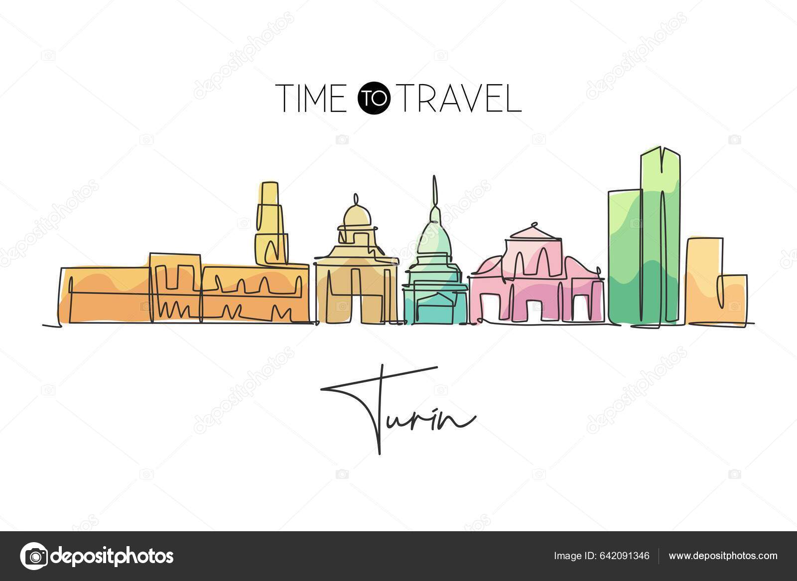 Single Continue Lijn Tekening Van Turijn Stad Skyline Italië Beroemde ...
