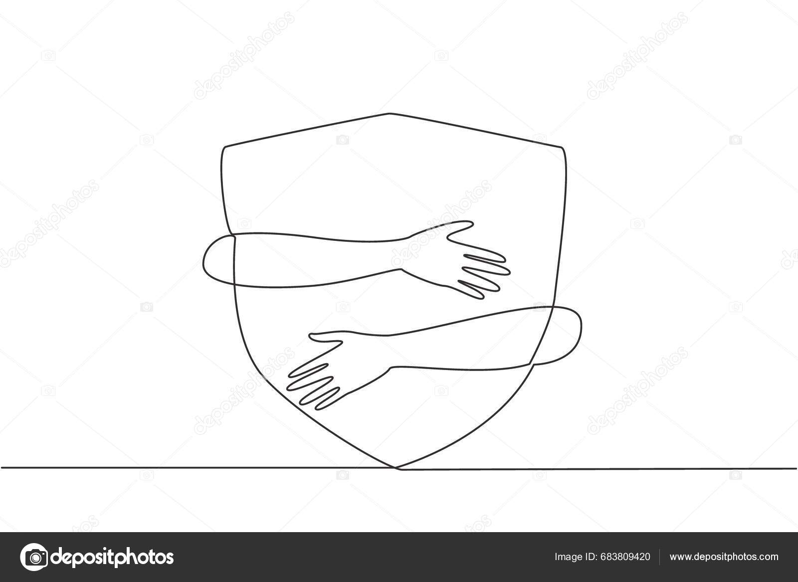 Continuous One Line Drawing Human Hands Hugging Shield Network Security ...