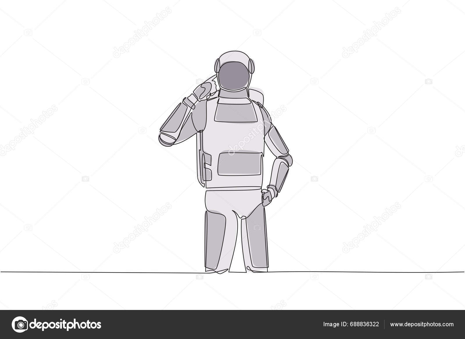 Single One Line Drawing Young Astronaut Standing Pointing His Head ...