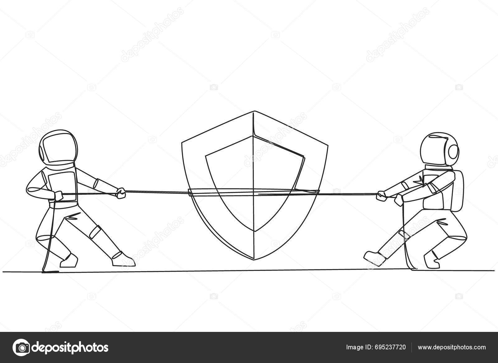 Single One Line Drawing Two Astronauts Fighting Shield Fierce Battles ...