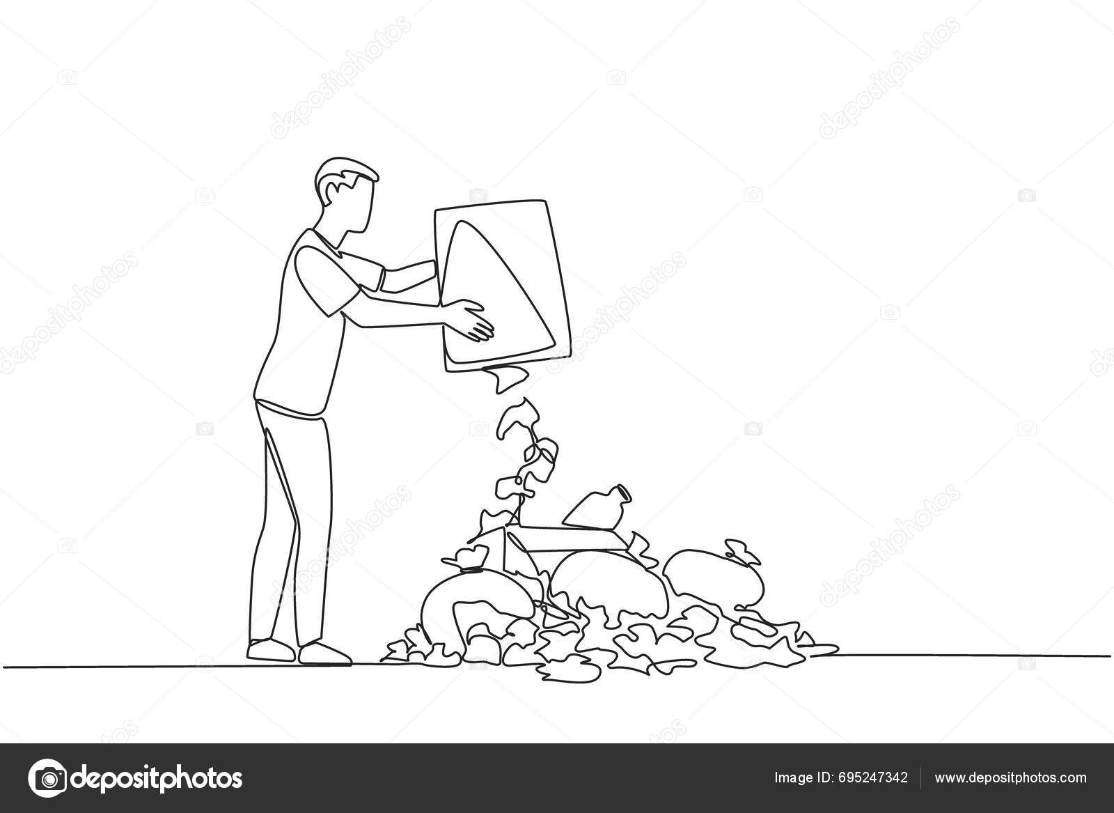 Single One Line Drawing Man Throws Rubbish Rubbish Pile Environmental ...