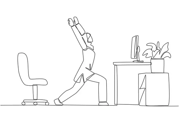 Single one line drawing Arabian woman stands with both hands raised and ...