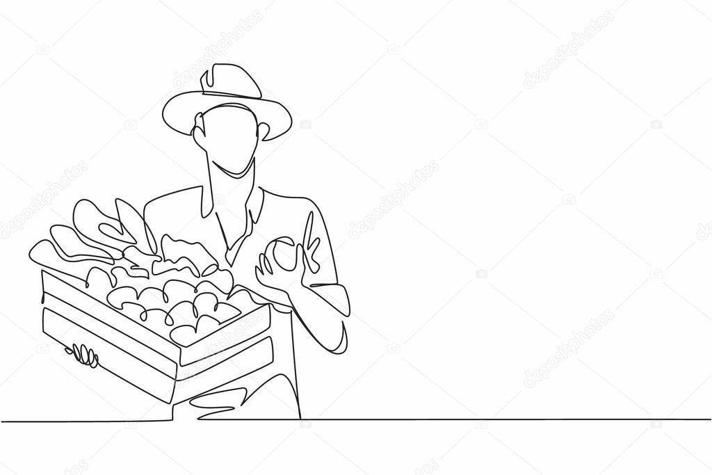 Continuo dibujo de una línea agricultor macho que lleva caja de madera ...