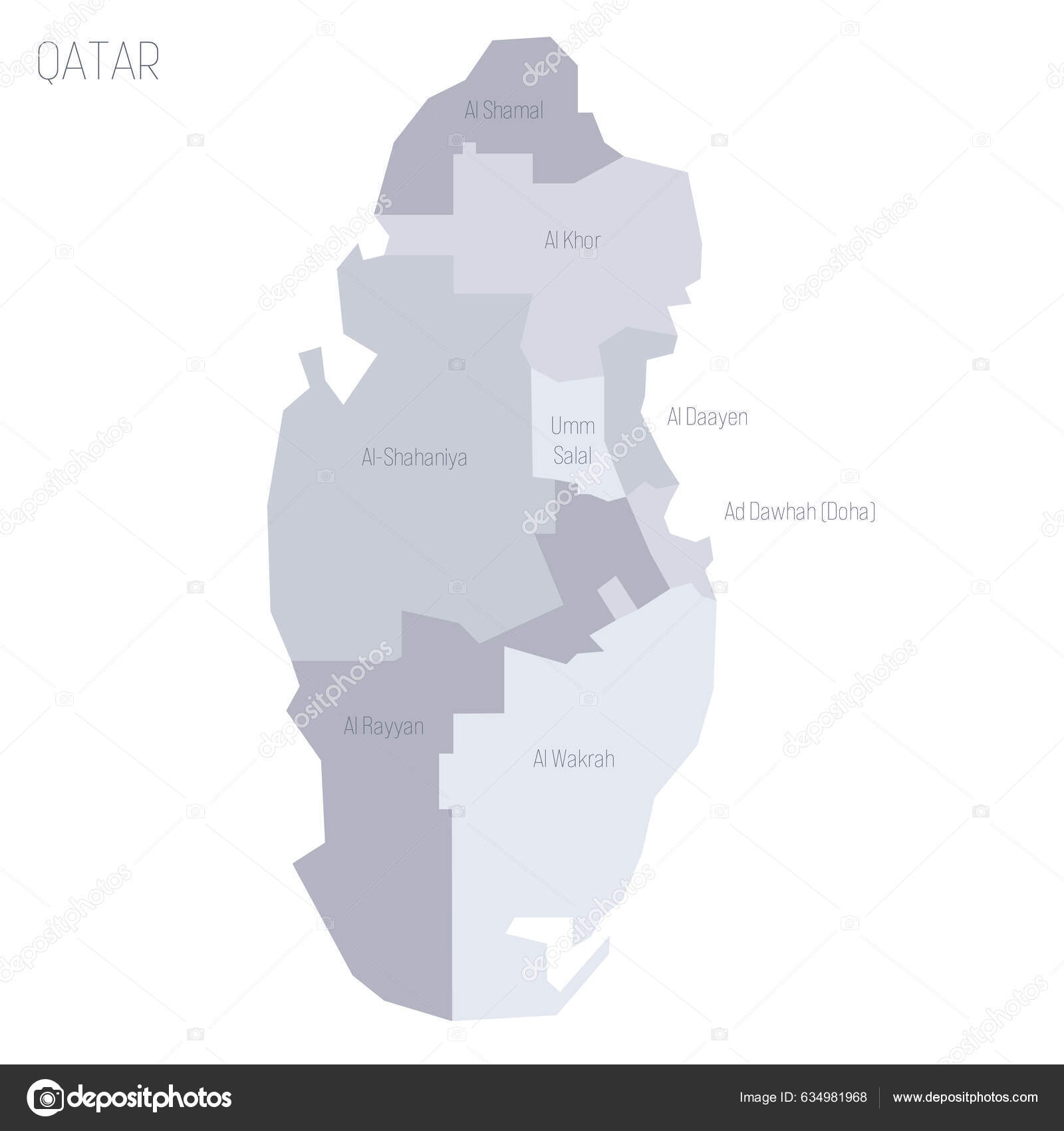 Qatar Political Map Administrative Divisions Municipalities Grey Vector