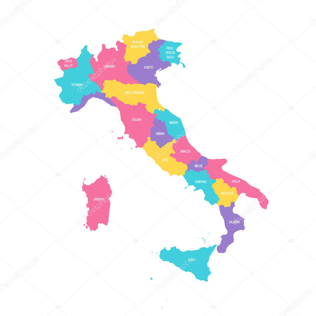 Italy political map of administrative divisions - regions. Colorful ...