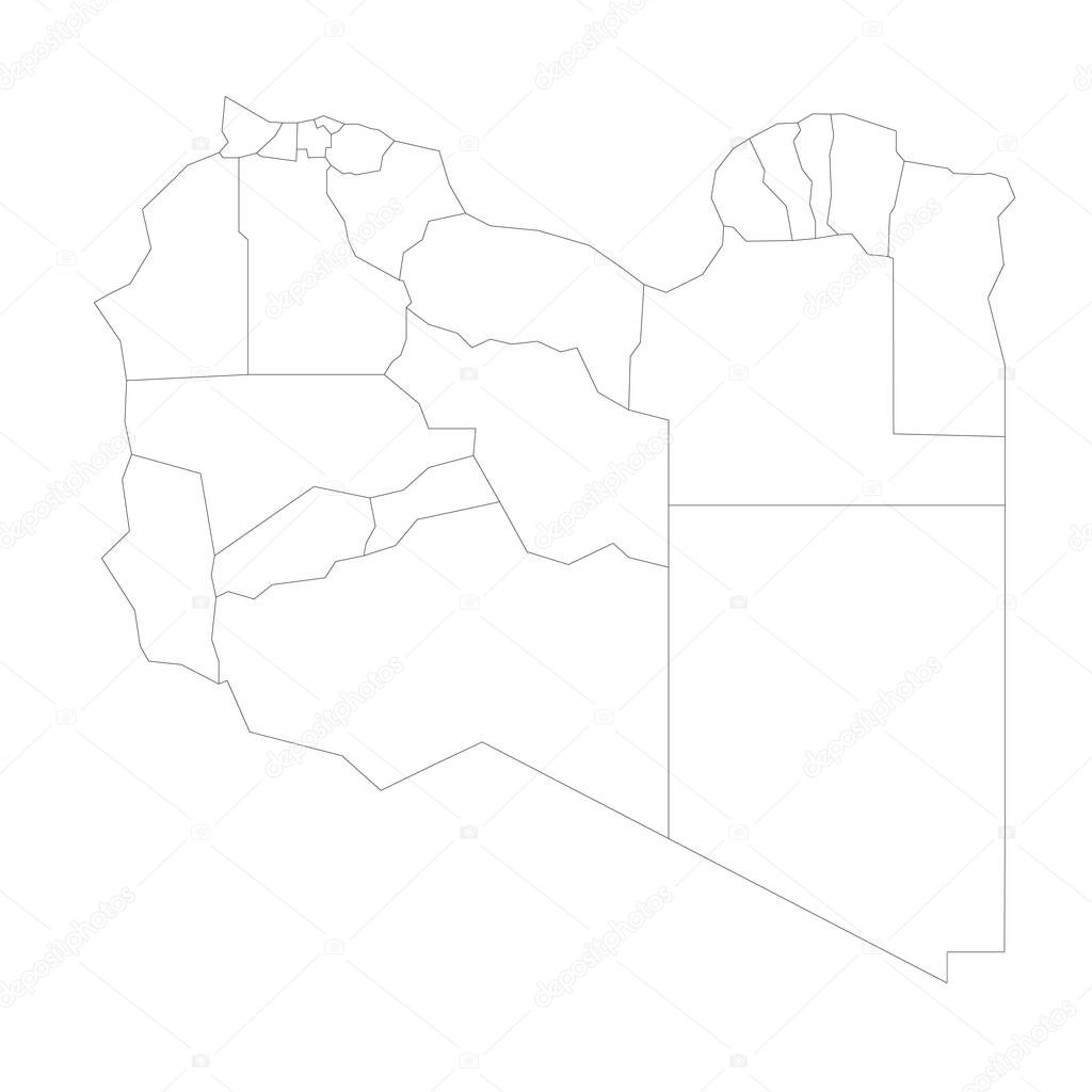 Libya political map of administrative divisions - districts. Blank outline map. Solid thin black ...