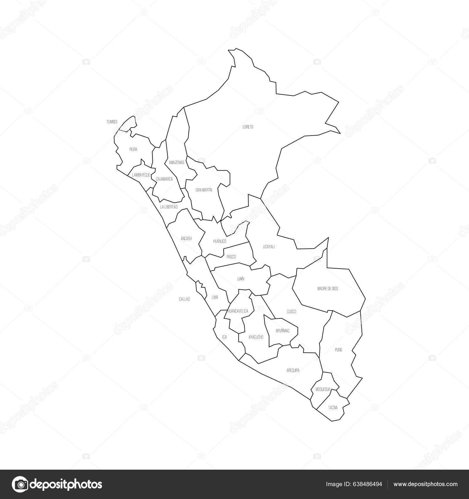 Peru Political Map Administrative Divisions Departments Thin Black Outline Map Stock Vector