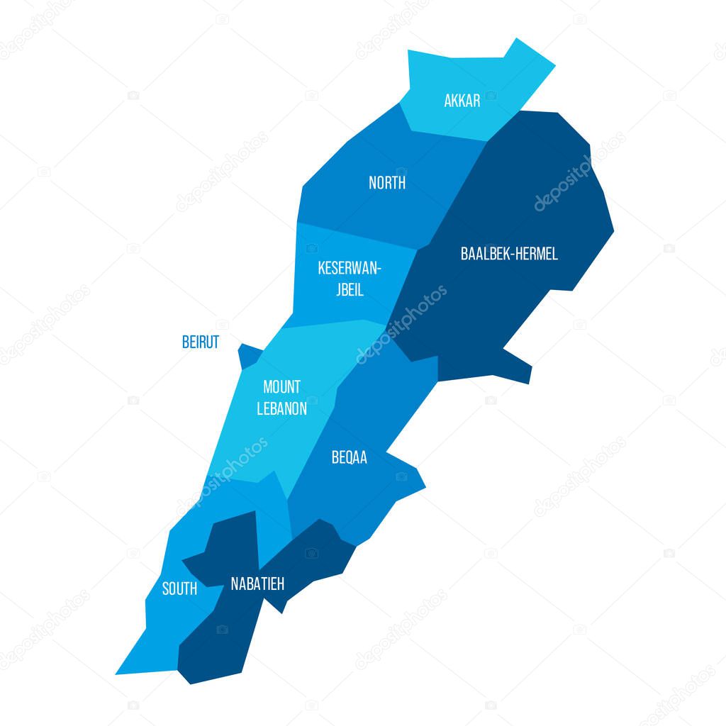 Lebanon political map of administrative divisions - governorates. Flat ...