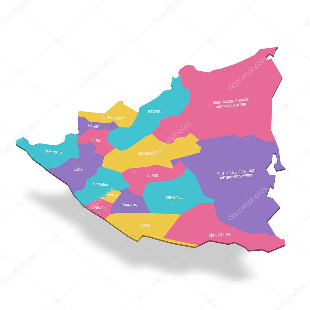 Nicaragua political map of administrative divisions - departments and autonomous regions. 3D ...