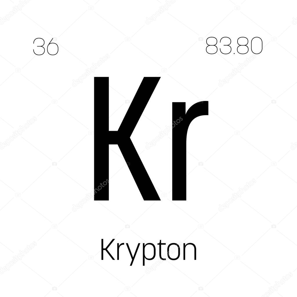 Krypton, Kr, periodic table element with name, symbol, atomic number and weight. Inert gas with ...