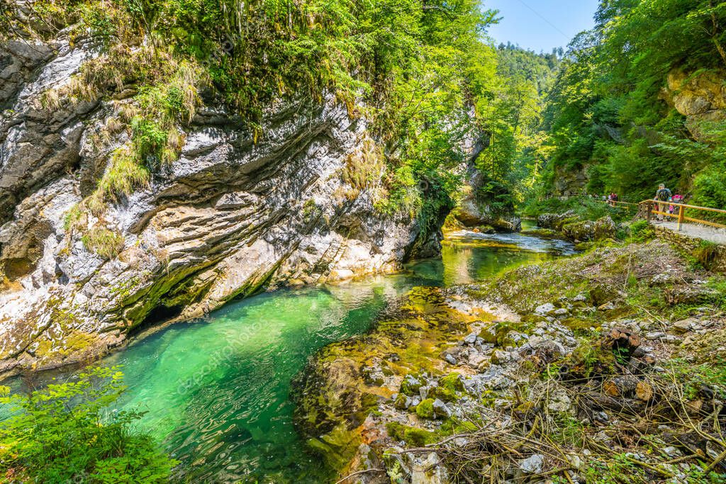 Agua cristalina del río Radovna en un profundo cañón rocoso de Vintgar. Parque Nacional de ...