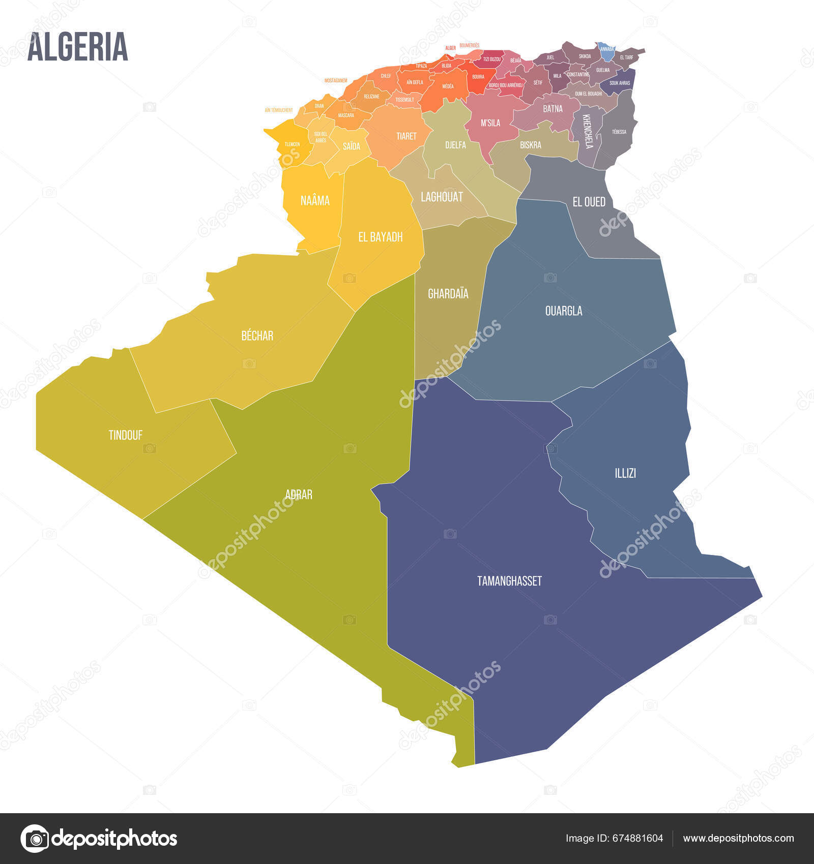 Algeriet Politisk Kort Administrative Divisioner Provinser Farverigt ...