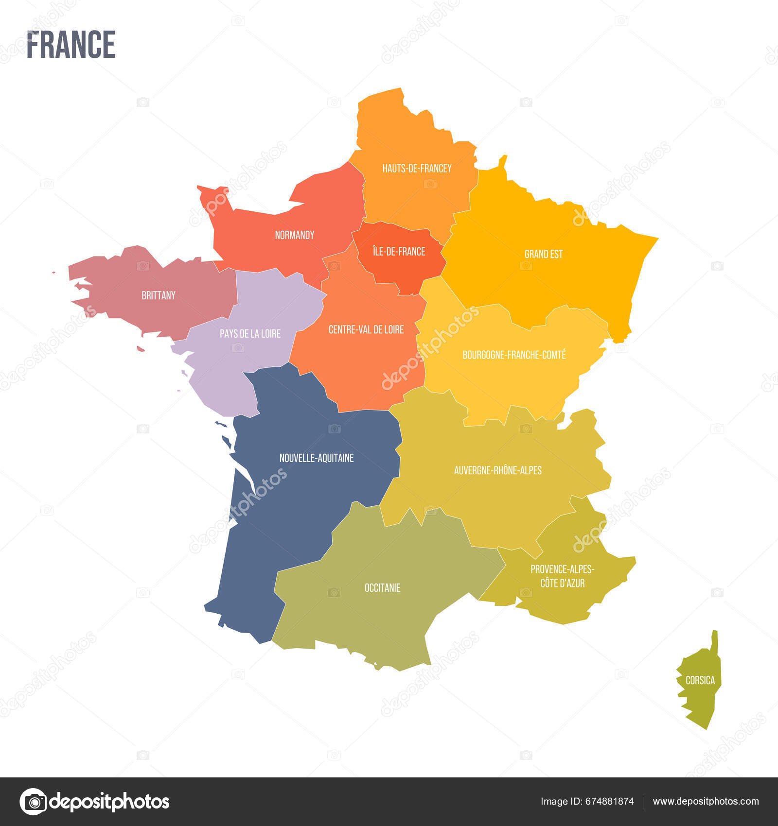Frankrigs Politiske Kort Administrative Opdelinger Regioner Farverigt ...