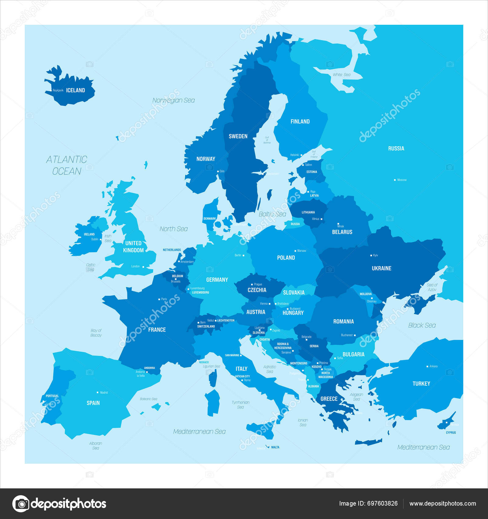 Mapa Político Europa Mapa Vetorial Cor Azul Com Capitais Países Vetor ...