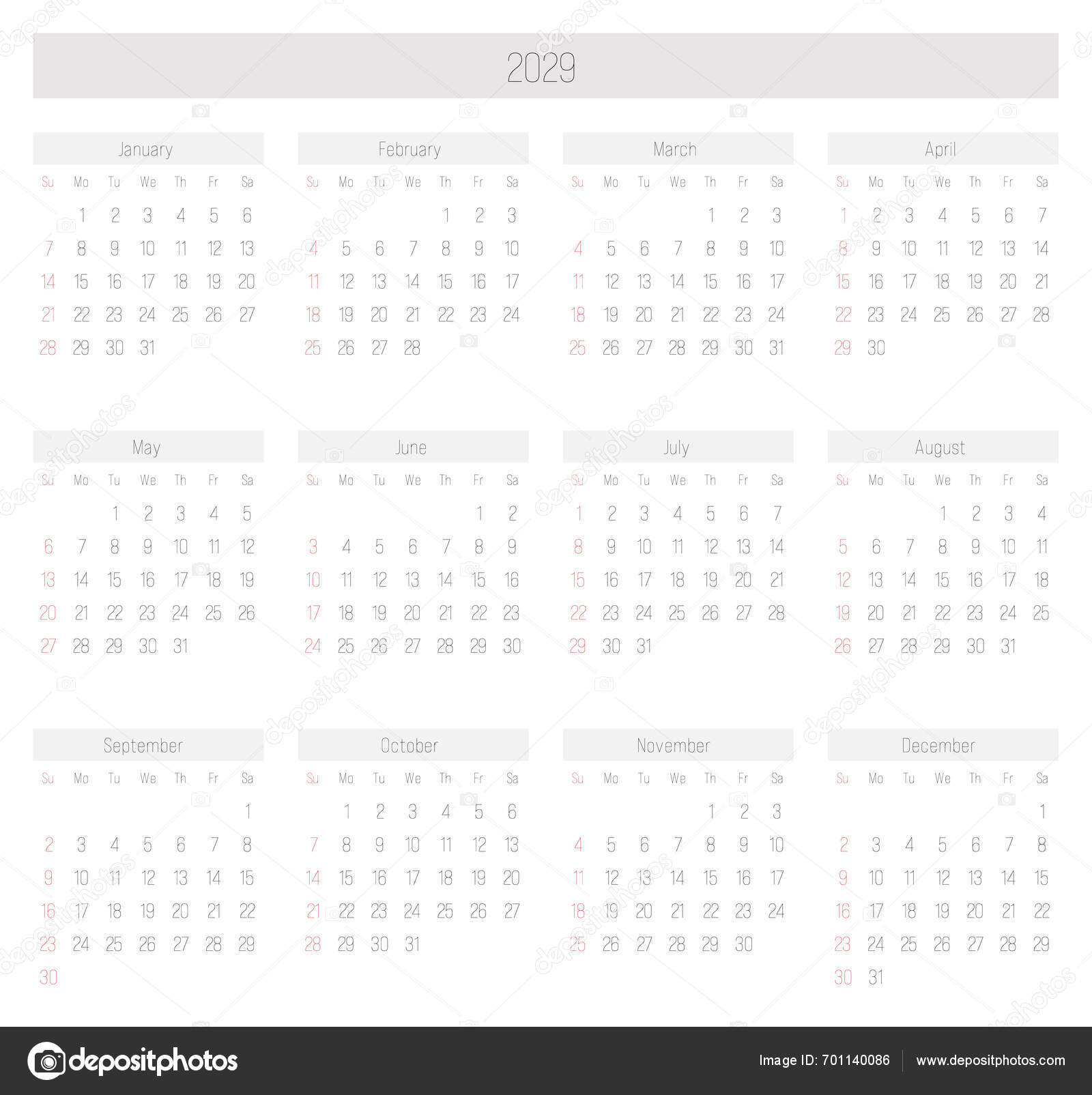 Monthly Calendar Year 2029 Week Starts Sunday Block Months Two Stock ...