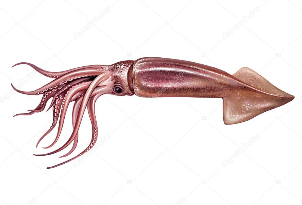 Squid, Teuthida, cephalopod, realistic drawing, inhabitant of the seas ...