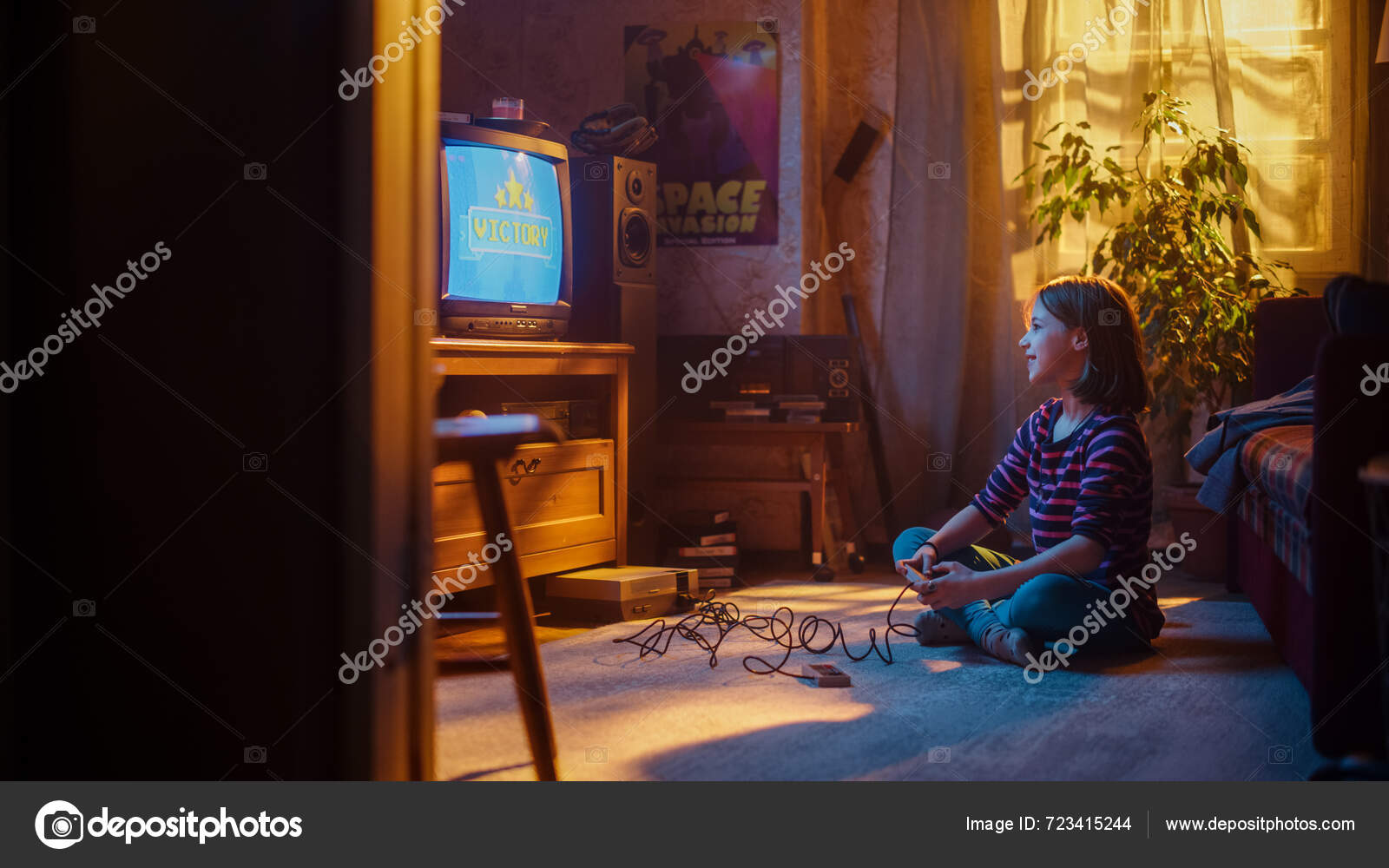 Nostalgic Retro Concept Young Girl Playing Old School Eighties Arcade ...