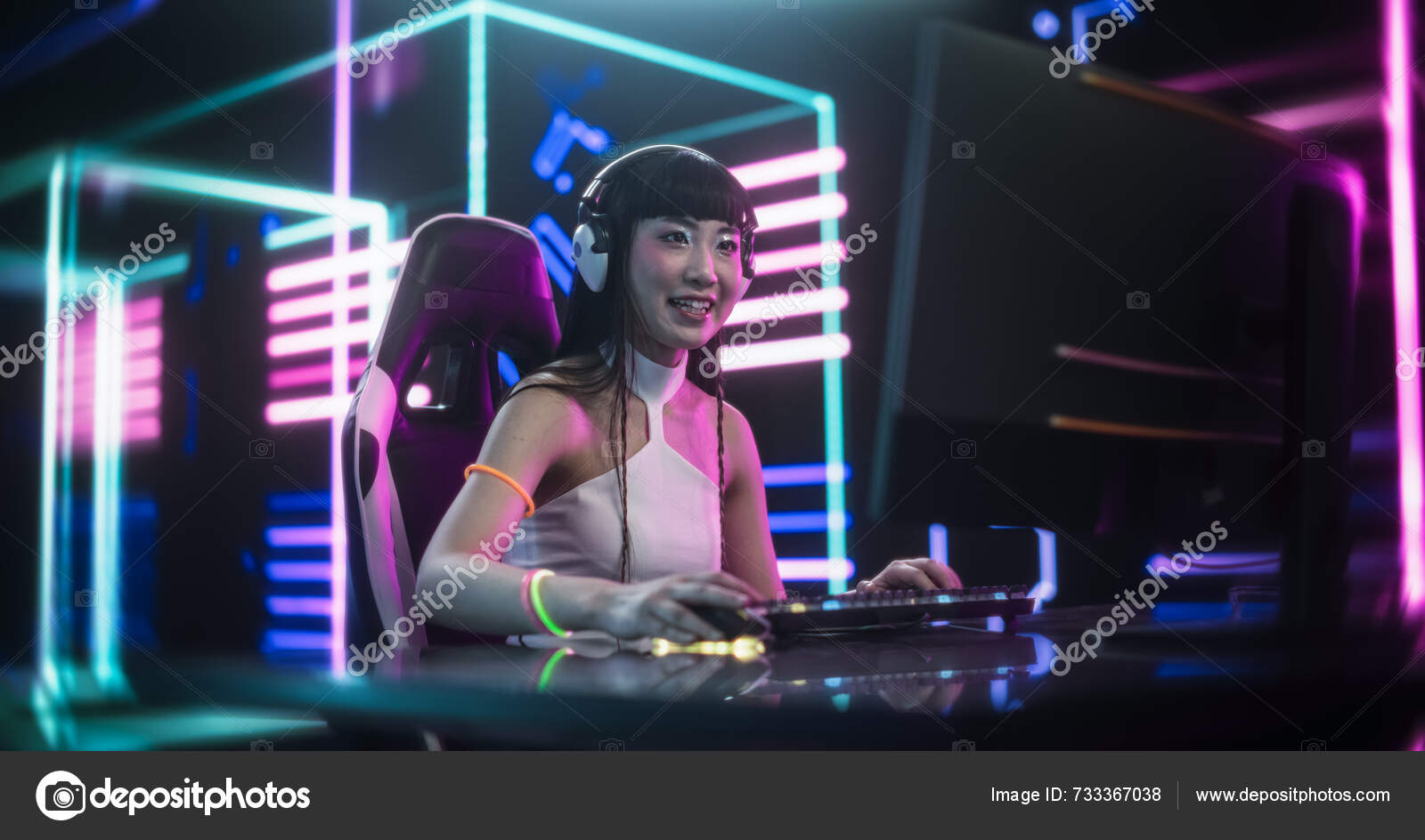 Focused Japanese Young Woman Playing Video Games Computer ...