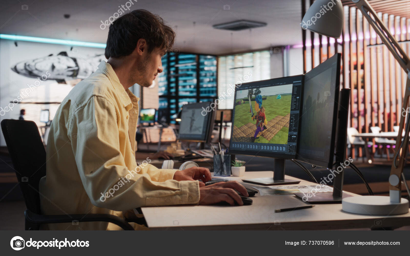 Caucasian Male Game Designer Using Desktop Computer Modeling Software ...