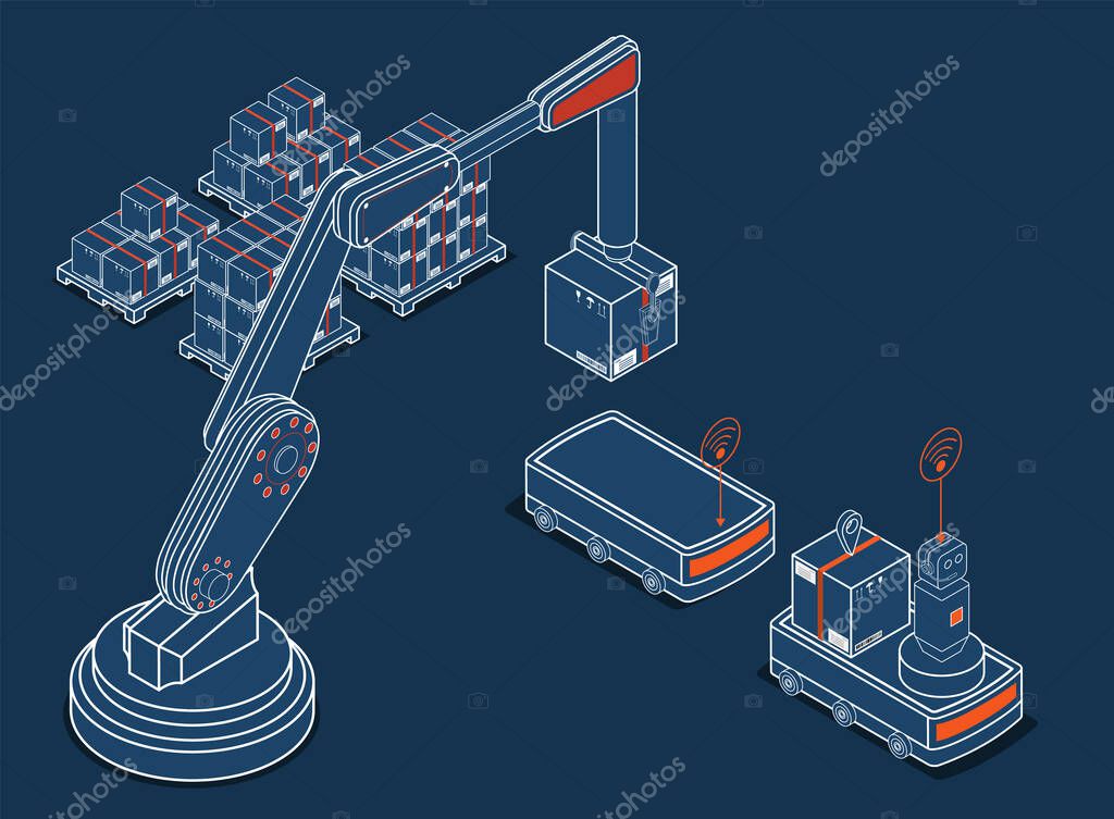 Concepto Automation Industry 4.0 con brazo de robot y cajas de cartón ...