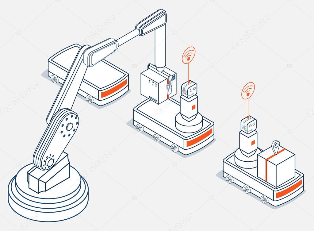 El brazo Robot recoge la caja para el transporte de robots autónomos en almacenes, el concepto ...